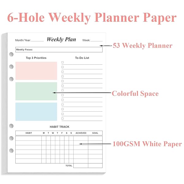 Weekly Planner Refills for A5 Binders - 53 Sheets/106 Pages Undated ...