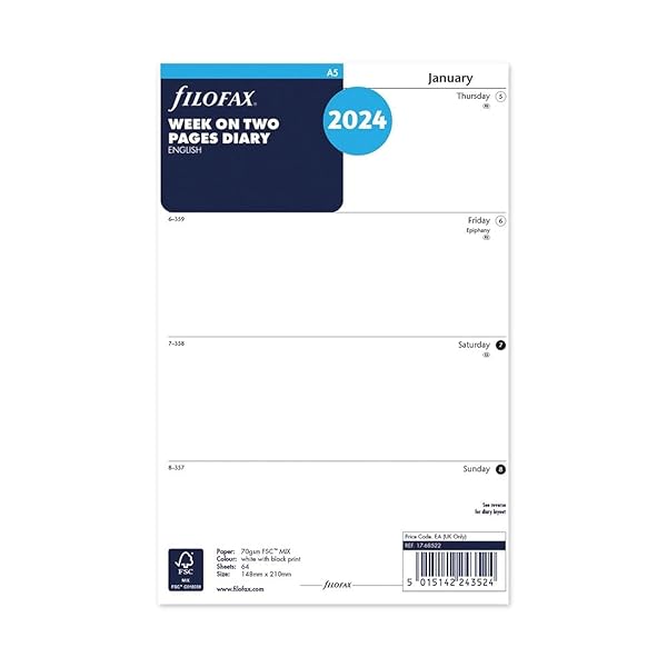 Filofax A5 week on two pages English 2024 diary, White - Valenna