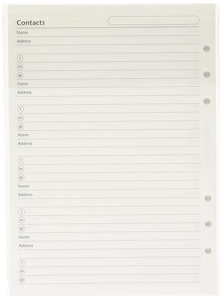 Filofax A5 Organiser Contacts Refill, White - Valenna