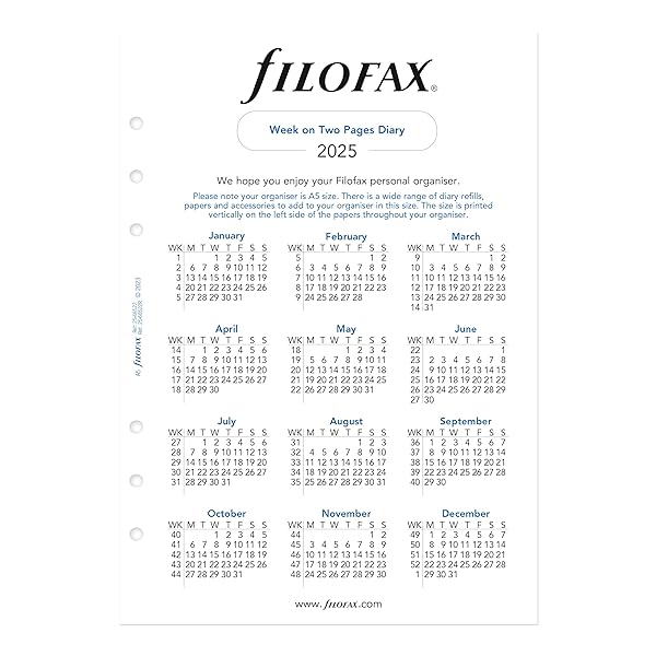 Filofax Calendar Diary Refill, A5 Size, Week-to-View, White Paper ...